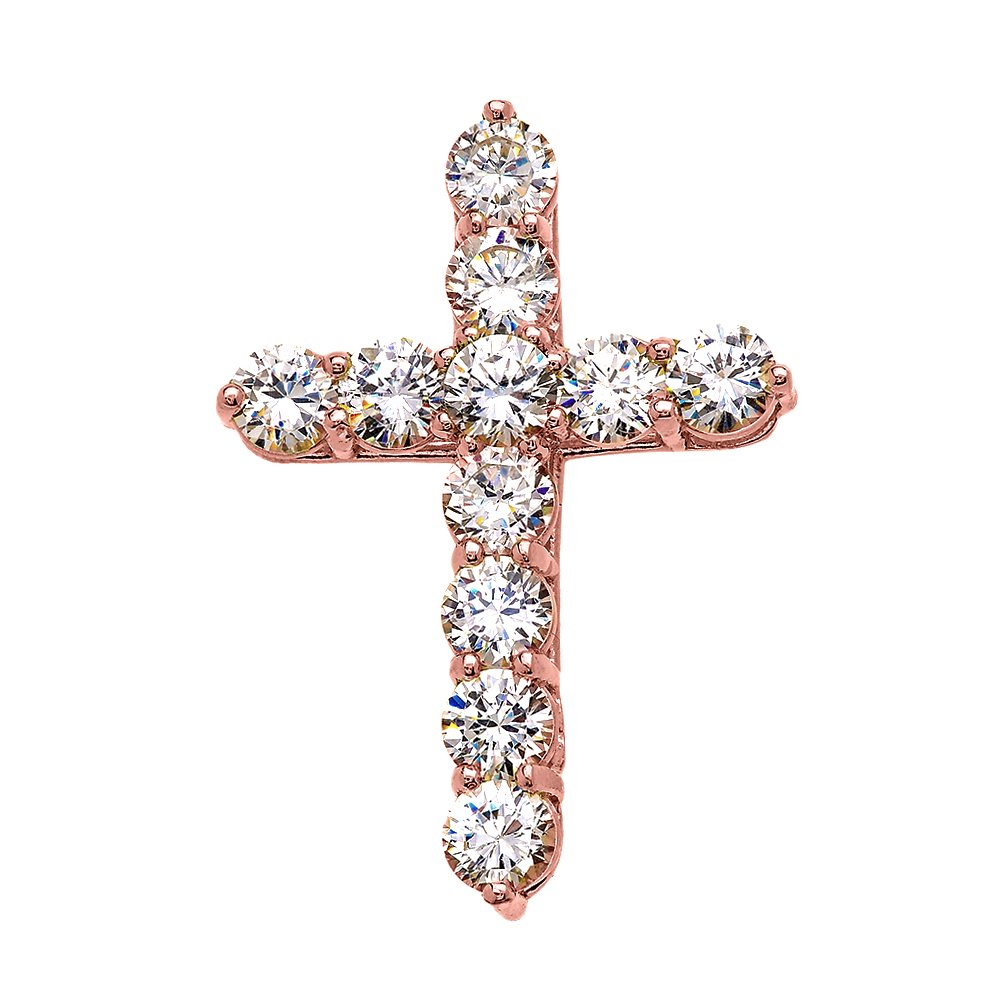 Religious Charms and Necklaces Elegant 14k Rose Gold 7 Carat Round Cubic Zirconia Cross Pendant (Large)