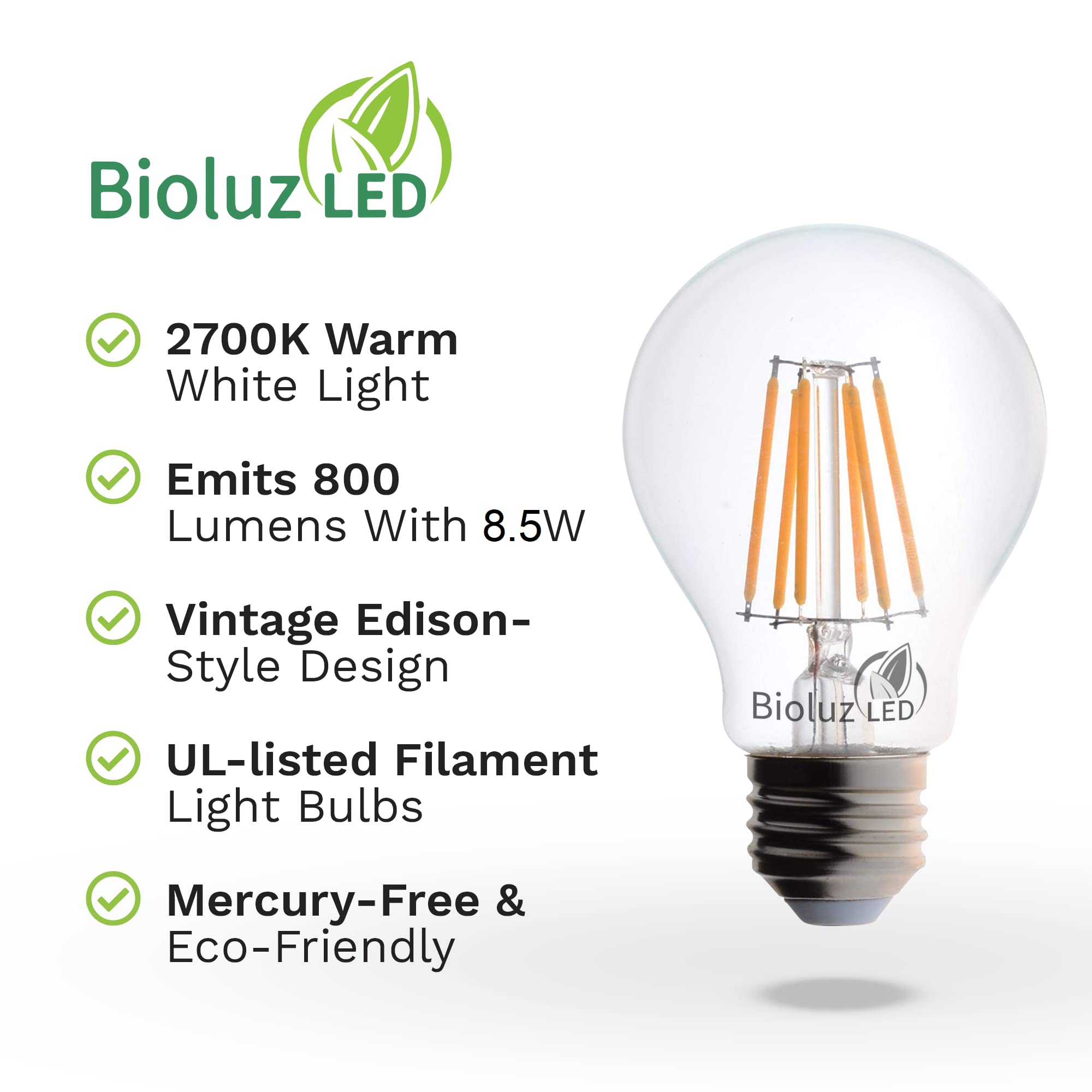 Bioluz LED 92 CRI E26 LED Bulb 60 Watt Dimmable Edison Bulbs Warm White Clear Pendant Light Bulbs UL Listed Title 20 High Efficacy Lighting 6-Pack