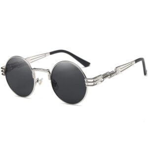 dollger round sunglasses steampunk metal classic frame mirror lens(c1:black lens+ silver frame)