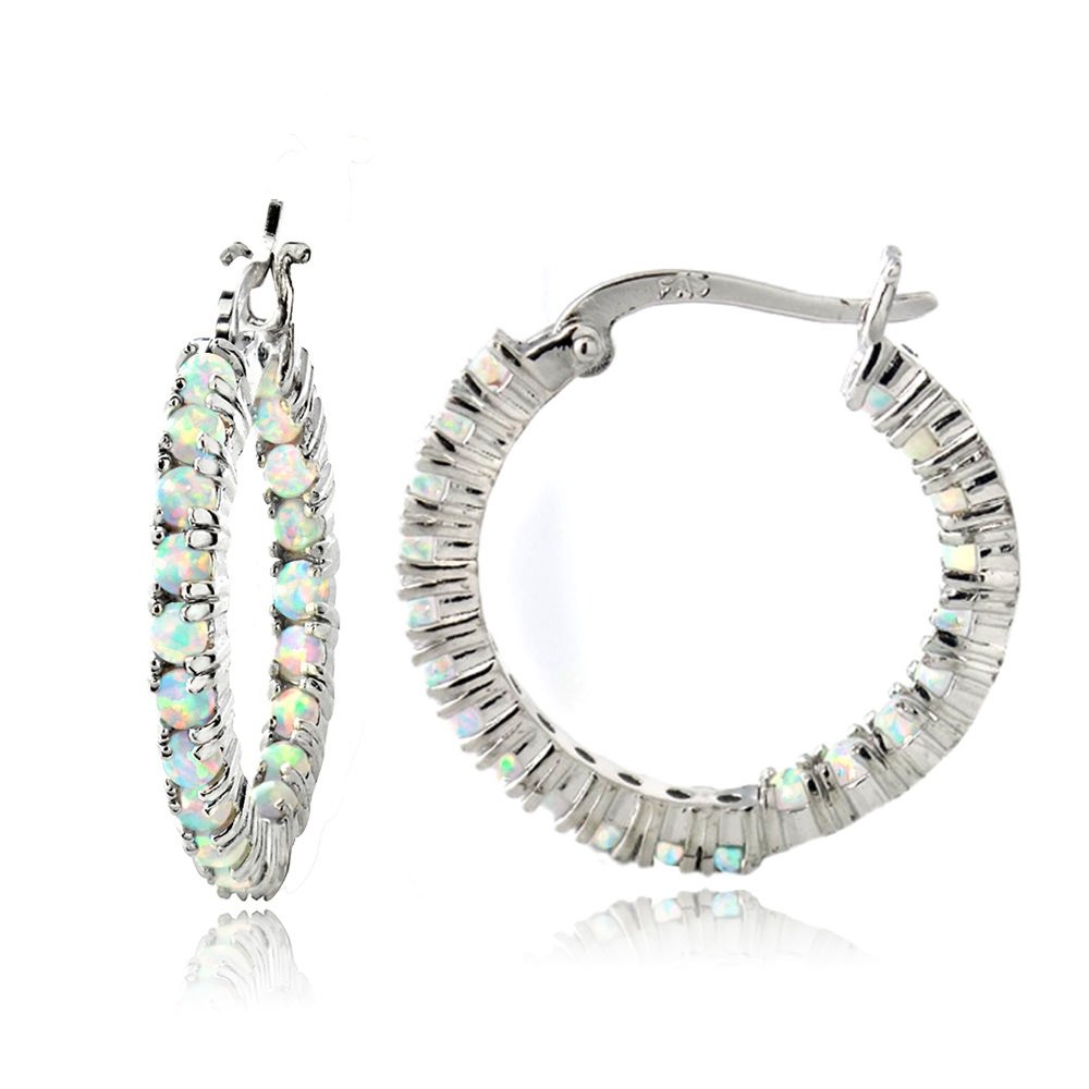 Sterling Silver Synthetic White Opal Inside-Out Hoop Earrings for Women