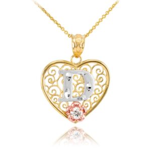 sideways crosses 14k tri-tone gold filigree heart with cz flower initial letter d pendant necklace, 18"