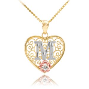 sideways crosses 14k tri-tone gold filigree heart with cz flower initial letter m pendant necklace, 22"