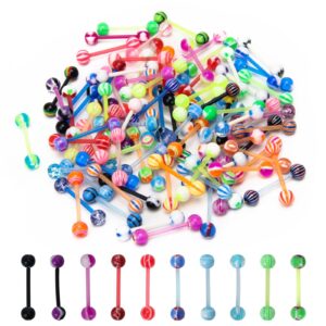 crazypiercing 100pcs 14g acrylic tongue rings, multi color assortment flexible tongue rings barbells mix piercing