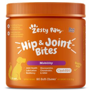 zesty paws hip and joint supplement for dogs - glucosamine for dog joint supplement - with chondroitin, msm, vitamins c and e for dog joint relief - mobility bites duck – 90 count