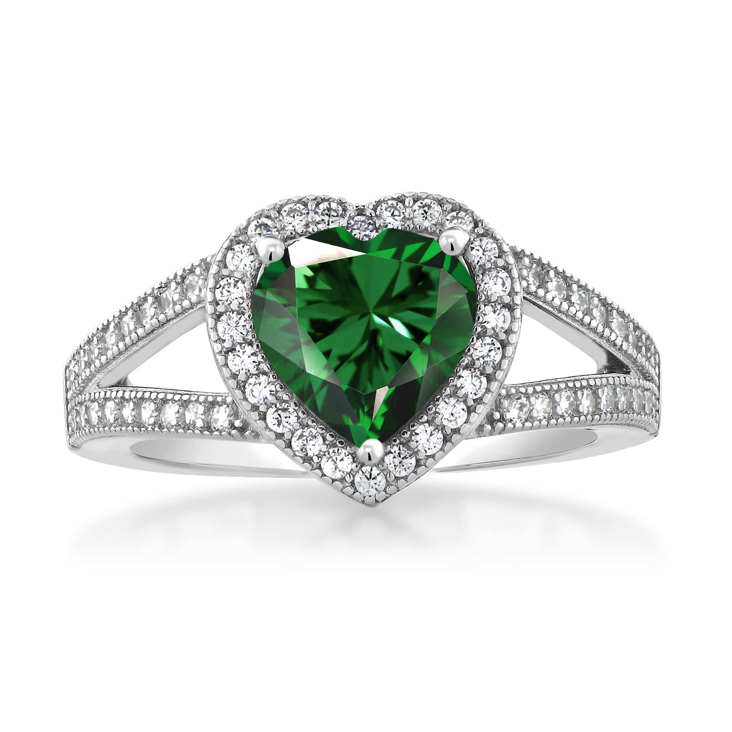 Gem Stone King 925 Sterling Silver Green Nano Emerald and White Moissanite Ring For Women | 1.51 Cttw | Gemstone May Birthstone | Heart Shape 8MM | Available In Size 5,6,7,8,9