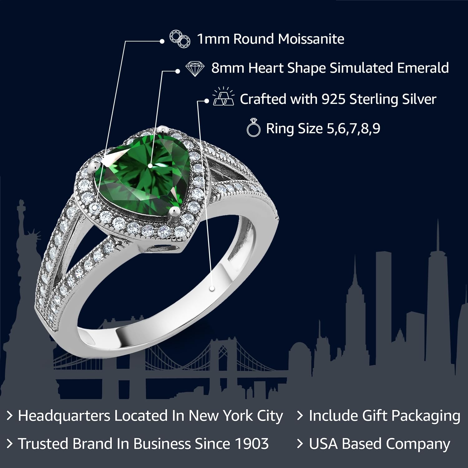 Gem Stone King 925 Sterling Silver Green Nano Emerald and White Moissanite Ring For Women | 1.51 Cttw | Gemstone May Birthstone | Heart Shape 8MM | Available In Size 5,6,7,8,9