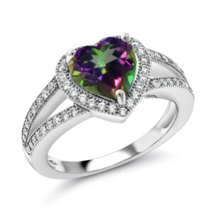 gem stone king 925 sterling silver green mystic topaz and white moissanite ring for women (2.91 cttw, gemstone birthstone, heart shape 8mm, available in size 5,6,7,8,9)