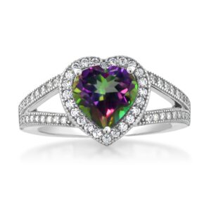 Gem Stone King 925 Sterling Silver Green Mystic Topaz and White Moissanite Ring For Women (2.91 Cttw, Gemstone Birthstone, Heart Shape 8MM, Available In Size 5,6,7,8,9)