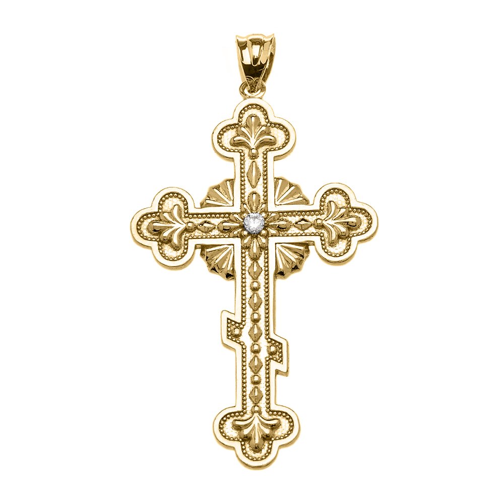 Religious Jewelry Solitaire Diamond Elegant Eastern Orthodox Cross Pendant in 10k Yellow Gold