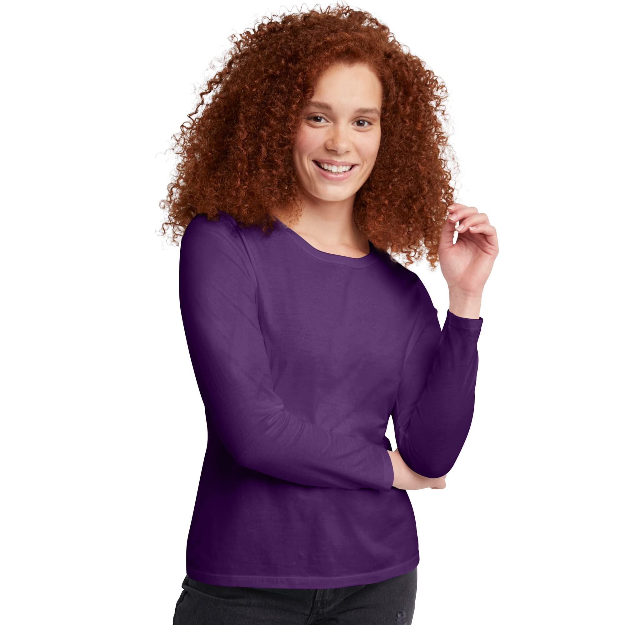 Hanes Women's Originals Long Sleeve Cotton T-Shirt, Lightweight Crewneck Tee, Modern Fit, Violet Splendor, Large