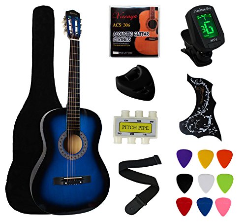 YMC 38" Blue Beginner Acoustic Guitar Starter Package Student Guitar with Gig Bag,Strap, 3 thickness 9 Picks,2 Pickguards,Pick Holder, Extra Strings, Electronic Tuner -Blue