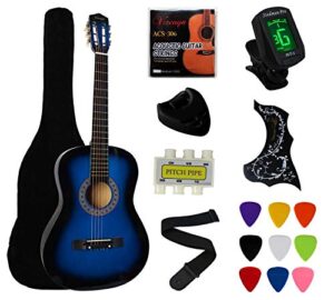 ymc 38" blue beginner acoustic guitar starter package student guitar with gig bag,strap, 3 thickness 9 picks,2 pickguards,pick holder, extra strings, electronic tuner -blue