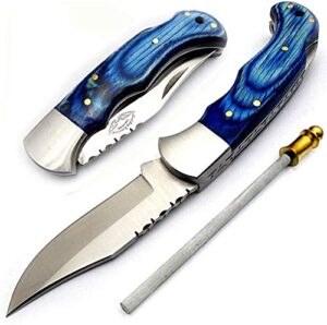 best.buy.damascus1 pocket knife blue wood 420c stainless steel folding knife edc hunting knife pocket knife for men gifts for men