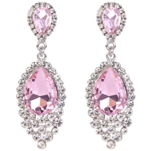 brilove wedding bridal dangle earrings for women crystal teardrop cluster beads chandelier earrings pink tourmaline color silver-tone