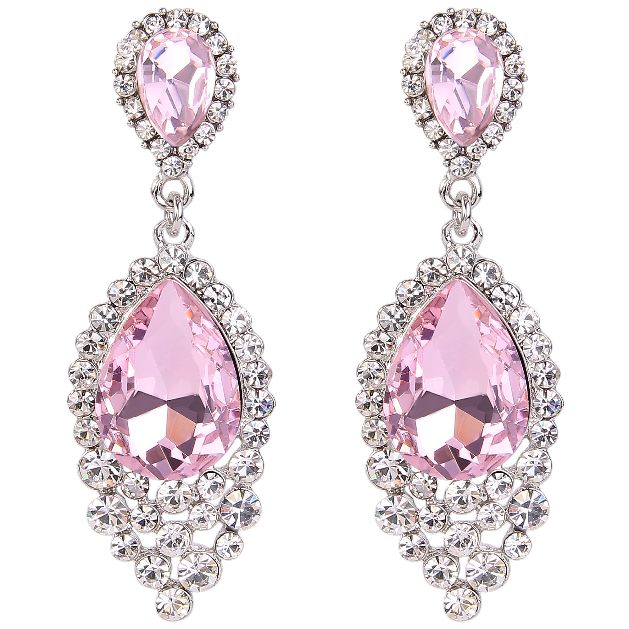 BriLove Wedding Bridal Dangle Earrings for Women Crystal Teardrop Cluster Beads Chandelier Earrings Pink Tourmaline Color Silver-Tone