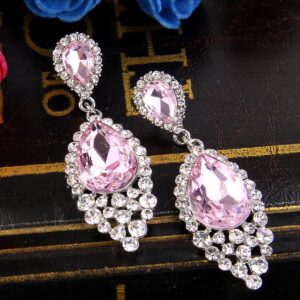 BriLove Wedding Bridal Dangle Earrings for Women Crystal Teardrop Cluster Beads Chandelier Earrings Pink Tourmaline Color Silver-Tone