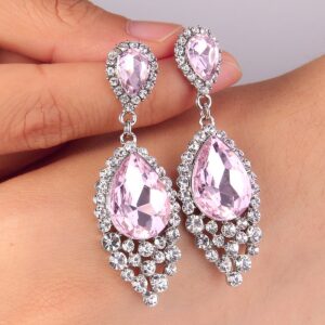 BriLove Wedding Bridal Dangle Earrings for Women Crystal Teardrop Cluster Beads Chandelier Earrings Pink Tourmaline Color Silver-Tone