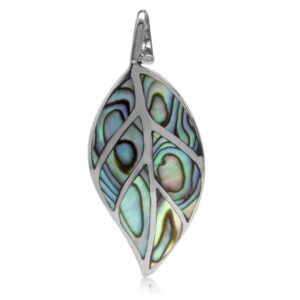 silvershake abalone paua shell inlay white gold plated 925 sterling silver leaf pendant