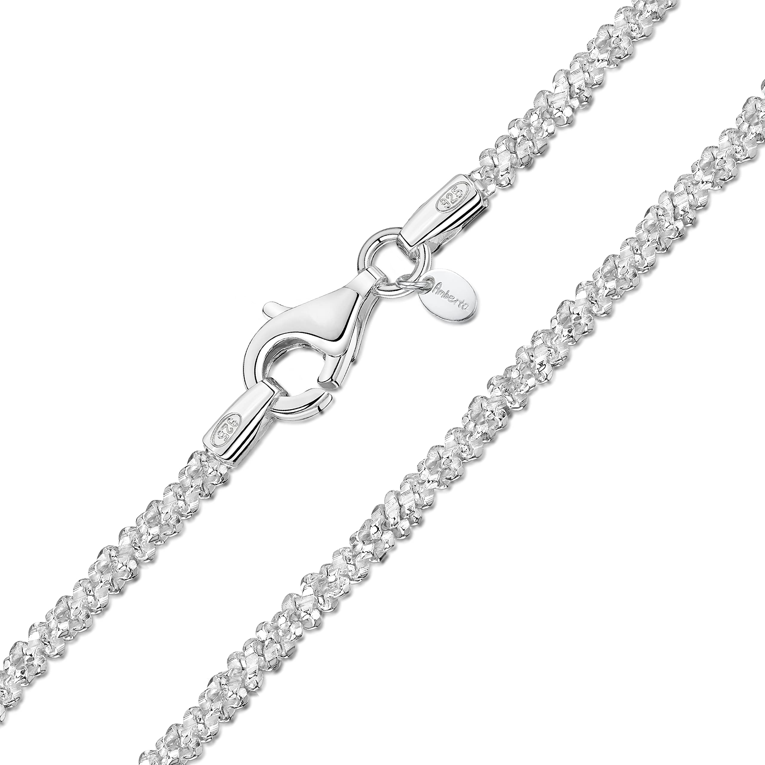 Amberta Italian 925 Sterling Silver Diamond Chain for Women - 1.7 mm Snow/Rock Silver Chain Necklace: 18 inch/ 45 cm Silver Choker Necklace