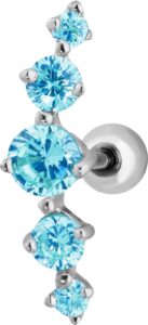 forbidden body jewelry 16g 6mm surgical steel 5-gem curved aqua blue cz crystal cartilage stud earring