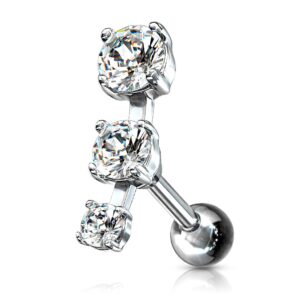 forbidden body jewelry 16g 6mm surgical steel triple clear cz crystal curved cartilage stud earring