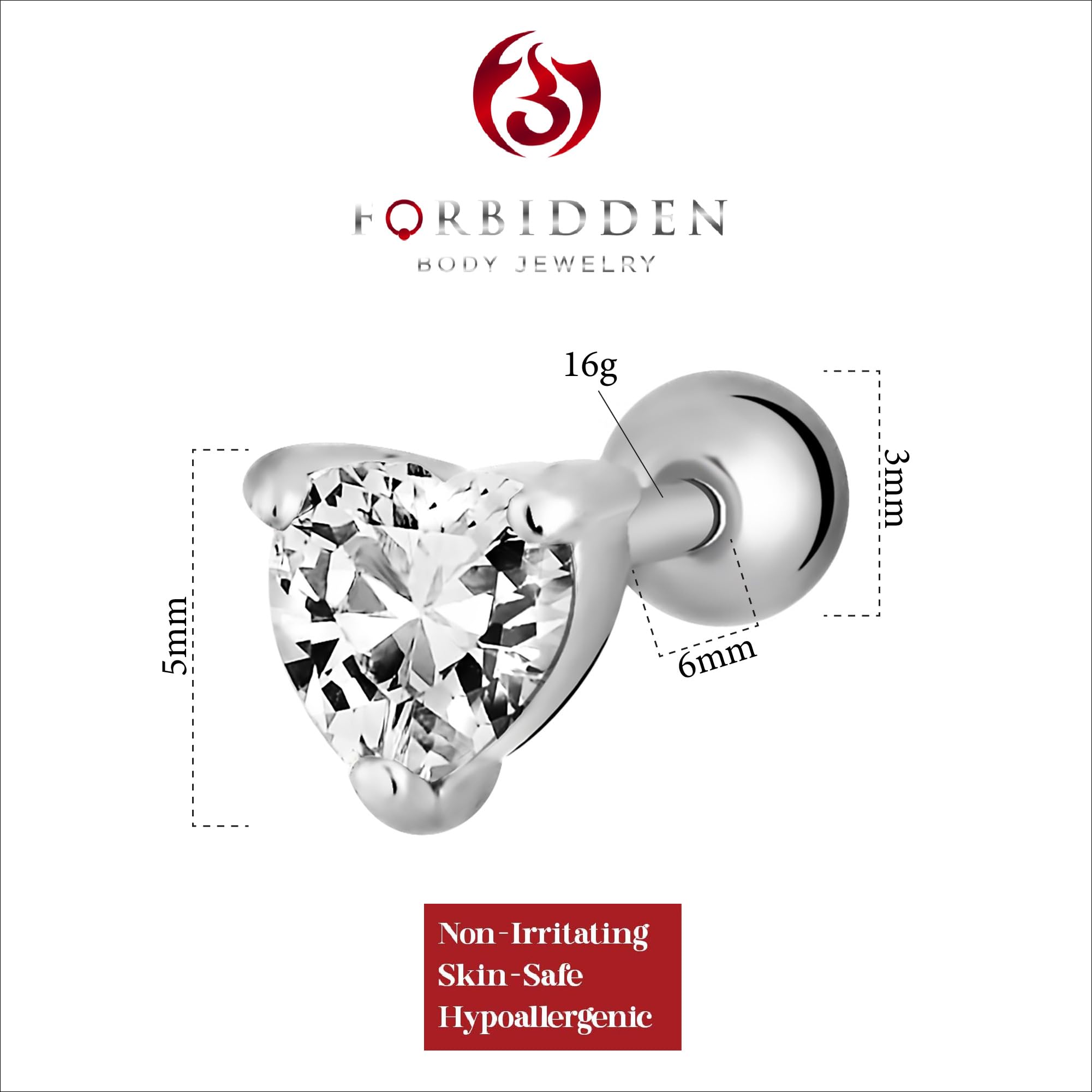 Forbidden Body Jewelry 16g 6mm Surgical Steel Cartilage Earring Stud with 5mm Clear CZ Heart Crystal