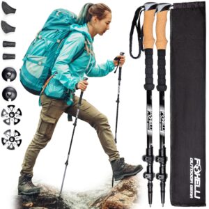 foxelli carbon fiber trekking poles – lightweight collapsible hiking poles, shock-absorbent walking sticks with natural cork grips, flip locks, 4 season/all terrain accessories and carry bag