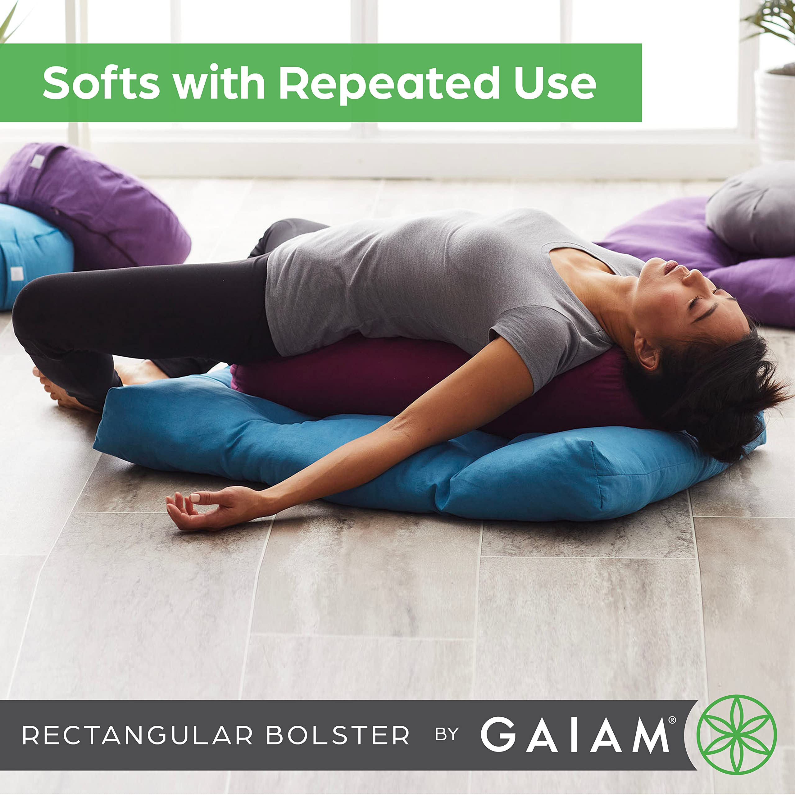 Gaiam Yoga Bolster - Long, Rectangular Meditation Pillow - Supportive Cushion for Restorative Yoga and Sitting on the Floor - Built-In Carrying Handle - Machine Washable Cover