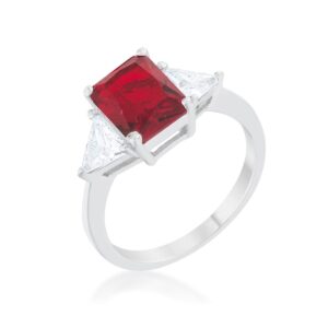 rhodium plated classic engagement ring with 4.5ct ruby radiant cut and trillion cut cubic zirconia size 7