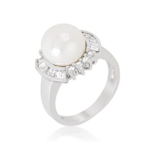 kate bissett genuine rhodium plated bridal ring with 10 mm simulated pearl and accentuated with clear cz size 10