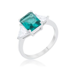 rhodium plated classic engagement ring with 4.5ct aqua radiant cut and trillion cut cubic zirconia size 8