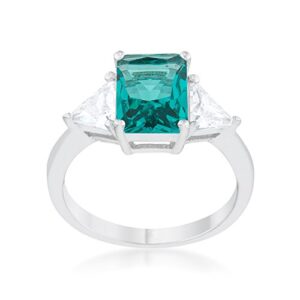 Rhodium Plated Classic Engagement Ring With 4.5ct Aqua Radiant Cut And Trillion Cut Cubic Zirconia Size 8