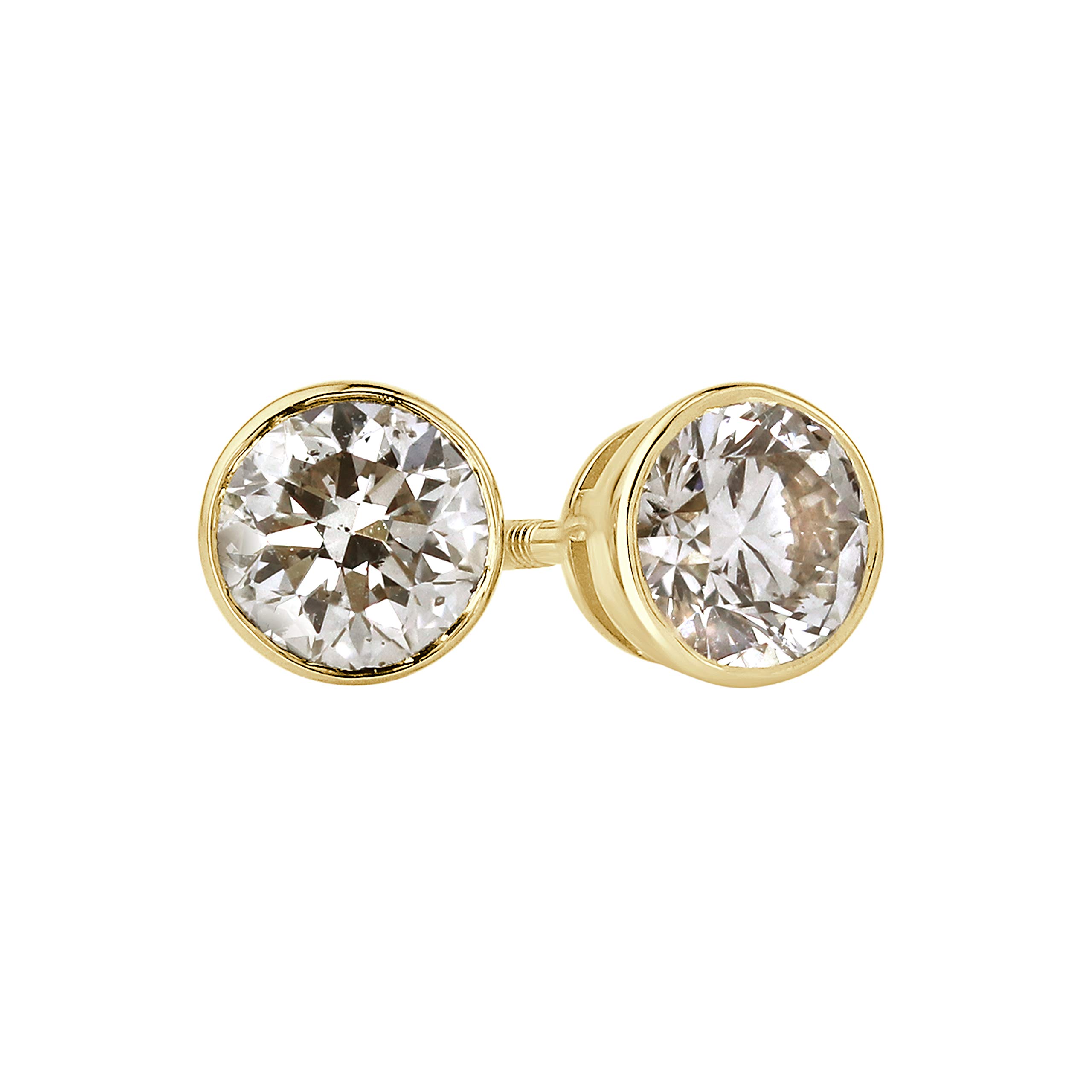 14k Yellow Gold Bezel-set Round Diamond Stud Earrings (3/4cttw, Good, I1-I2, IGI Certified) Screw-backs by Diamond Wish