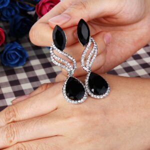 BriLove Silver-Tone Dangle Earrings for Women Wedding Bridal Fashion Crystal Hollow Leaf Teardrop Earrings Black