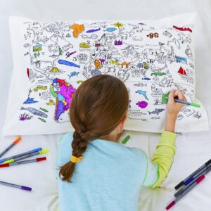 doodle world map pillowcase, color your own pillow case, coloring pillowcase with 10 washable fabric markers