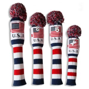 craftsman golf us flag knit pom pom white blue red driver,fairway wood, hybrid head cover headcover for callaway mizuno cobra taylormade (4pcs(#1,3,5,x))