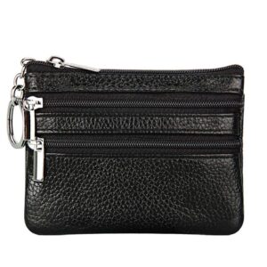 women's genuine leather coin purse mini pouch change wallet with keychain,black