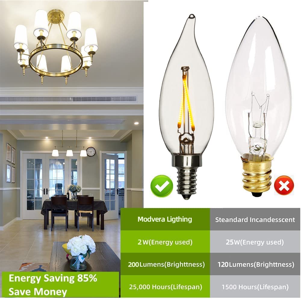 Modvera Lighting - 25W Equal LED Candelabra Bulb Bent Tip 2 Watts Warm White 2700K E12 Base Filament Style Chandelier Bulb. UL Listed, RoHS Compliant - 6 Pack