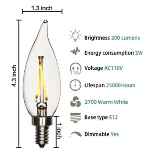 Modvera Lighting - 25W Equal LED Candelabra Bulb Bent Tip 2 Watts Warm White 2700K E12 Base Filament Style Chandelier Bulb. UL Listed, RoHS Compliant - 6 Pack