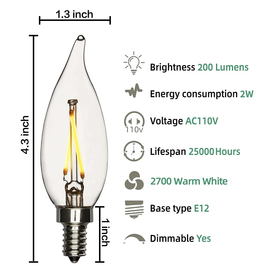 Modvera Lighting - 25W Equal LED Candelabra Bulb Bent Tip 2 Watts Warm White 2700K E12 Base Filament Style Chandelier Bulb. UL Listed, RoHS Compliant - 6 Pack