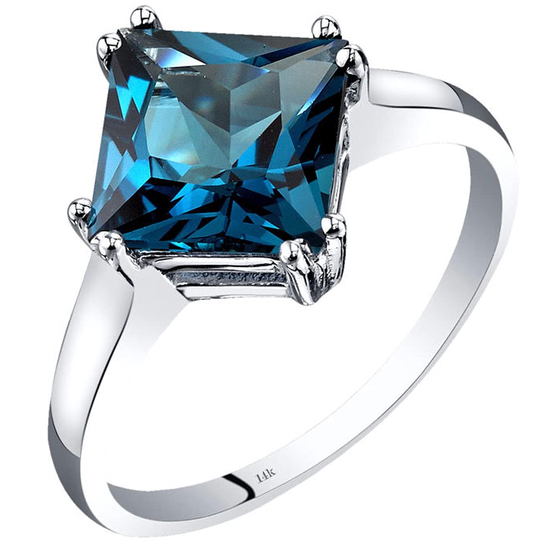 PEORA London Blue Topaz Classic Solitaire Ring for Women 14K White Gold, Natural Gemstone Birthstone, 2.75 Carats Princess Cut 8mm, Comfort Fit, Size 7