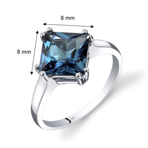 PEORA London Blue Topaz Classic Solitaire Ring for Women 14K White Gold, Natural Gemstone Birthstone, 2.75 Carats Princess Cut 8mm, Comfort Fit, Size 7