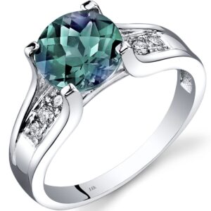 peora created alexandrite and genuine diamond cathedral ring for women in 14k white gold, color changing 2.25 carats round shape 8mm, comfort fit, size 8