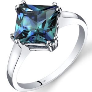 peora created alexandrite classic solitaire ring for women in 14k white gold, color changing 2.75 carats princess cut 8mm, comfort fit, size 6