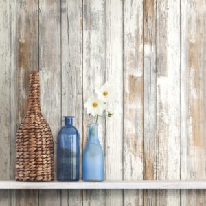 RoomMates RMK9050WP White Distressed Wood Peel and Stick Wallpaper