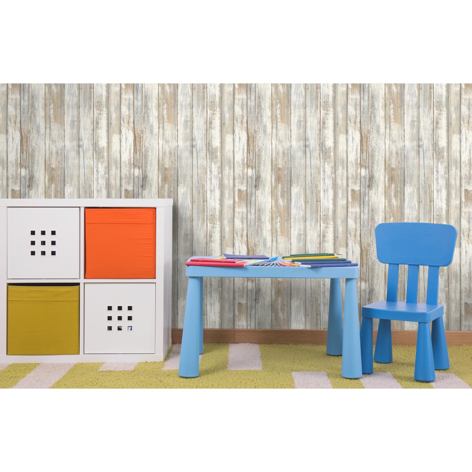 RoomMates RMK9050WP White Distressed Wood Peel and Stick Wallpaper