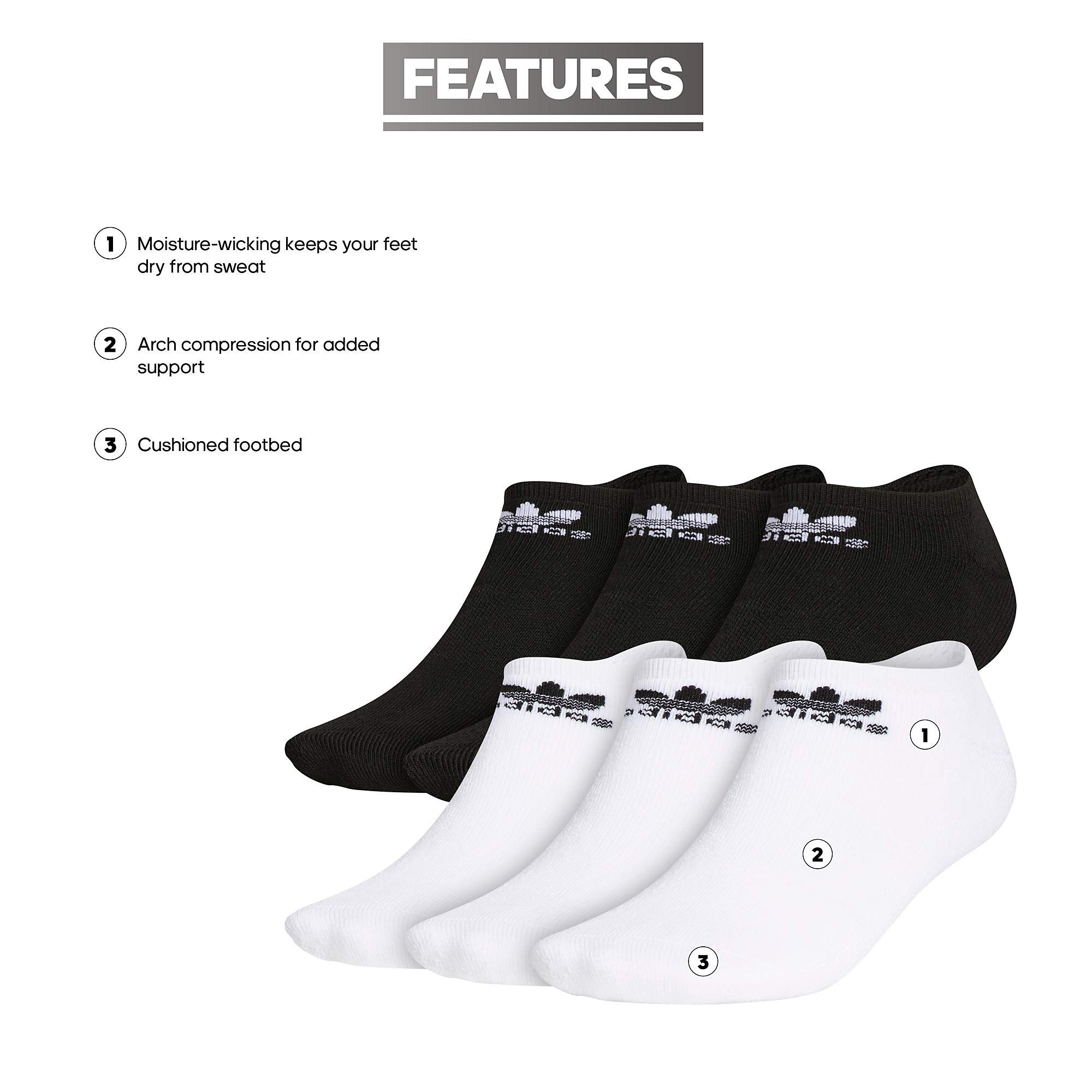 adidas Originals Trefoil No Show Socks (6-Pair), White/Black, Large