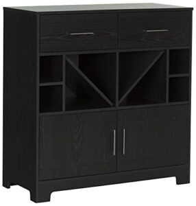 south shore vietti bar cabinet with liquor and wine bottle storage with drawers, black oak with metal handles