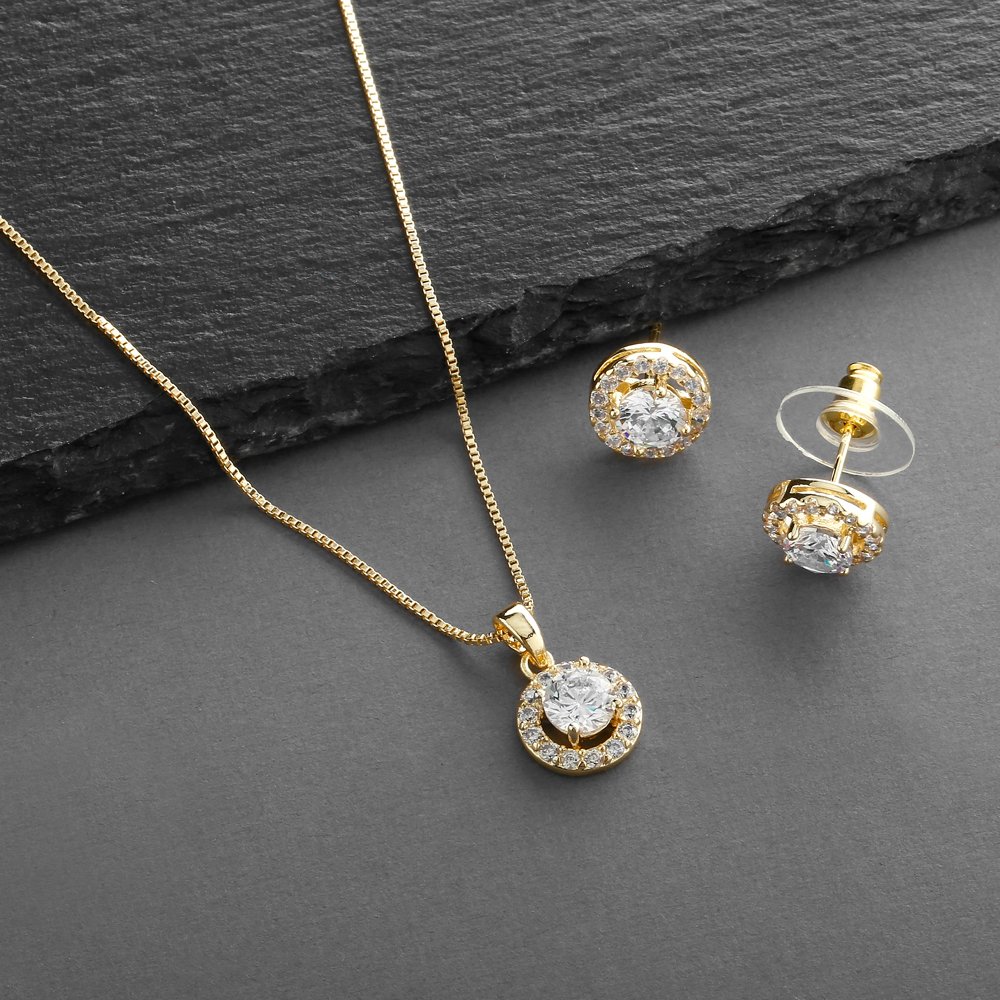 Mariell Bridal Wedding Necklace Set, Cubic Zirconia Pendant Necklace and Stud Earrings, Gold Jewelry Set