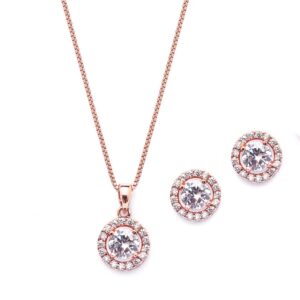 mariell bridal wedding necklace set, cubic zirconia pendant necklace and earrings set, rose gold jewelry